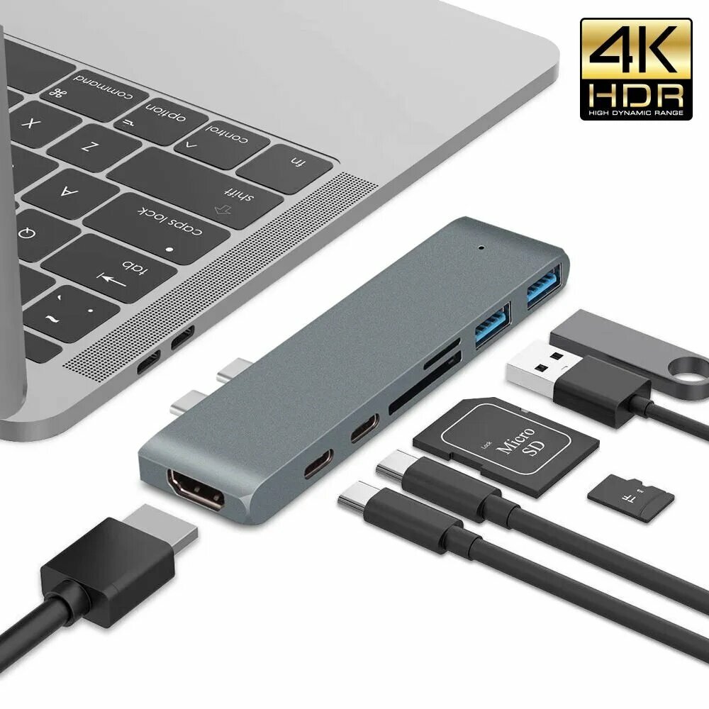 Концентратор USB C, 7 in1 Type-C Hub Adapter Multiport USB C to HDMI 4K with 2 USB3.0