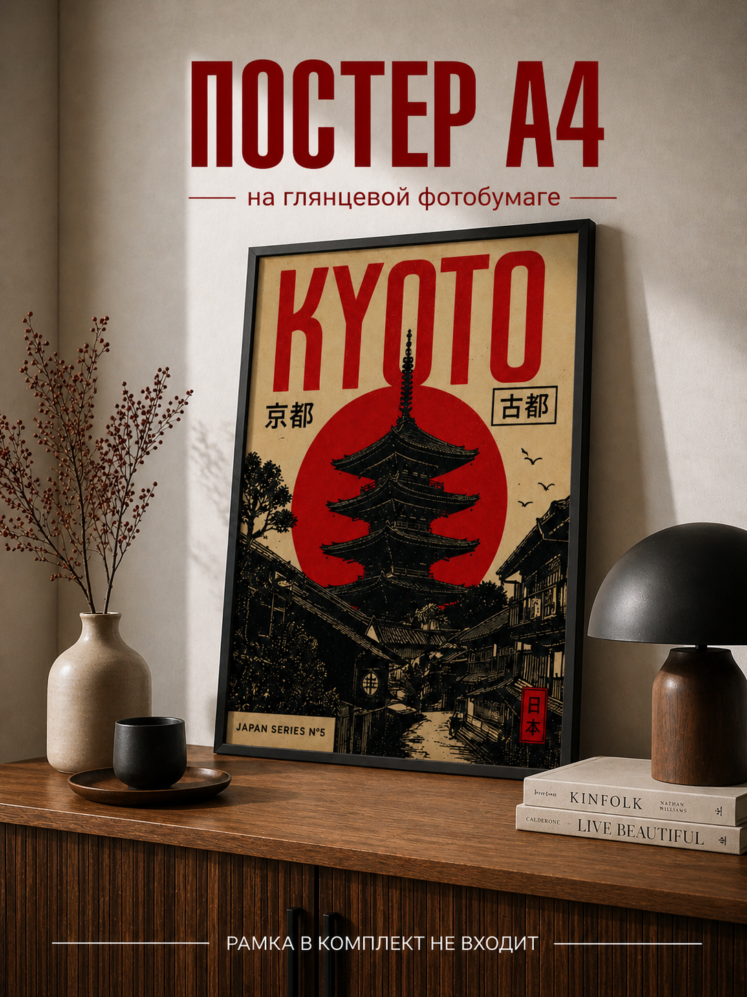 Постер A4 «Kyoto» Япония, Киото, японская архитектура, пагода, винтажный стиль, глянцевая фотобумага