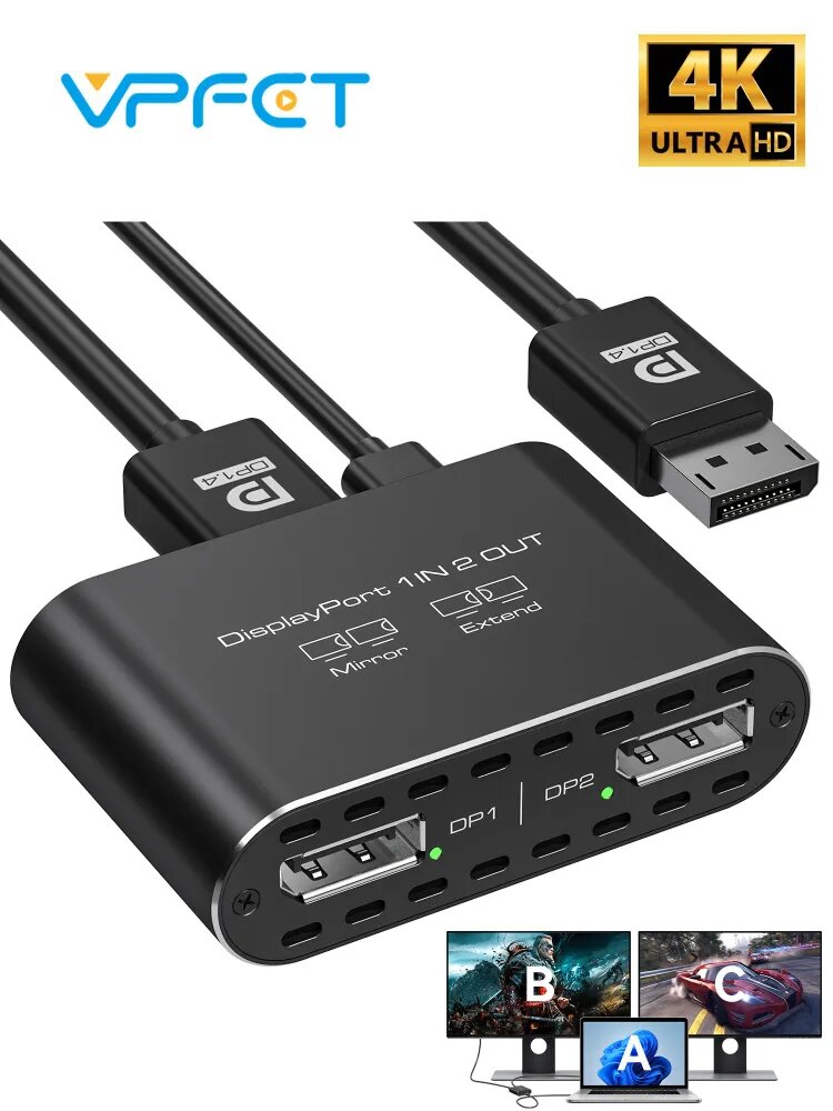 Разветвитель Displayport на два монитора DP 4K@120 Гц HDMI 4K@60 Гц 1 вход, 2 выхода Расширенный дисплей с Windows Vista Linux Mac VPFET