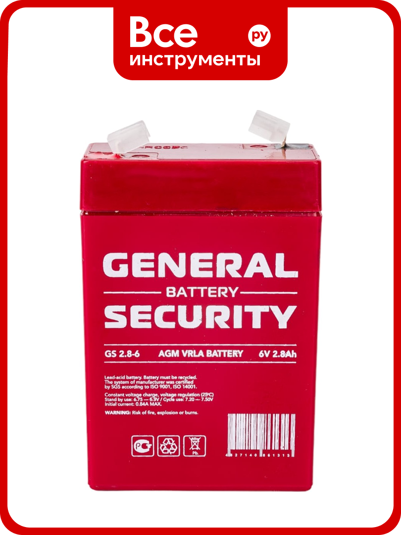 Аккумулятор для ИБП General Security GS2.8-6 6В, 2.8 Ач УТ-, буферном режиме прямая полярность технология