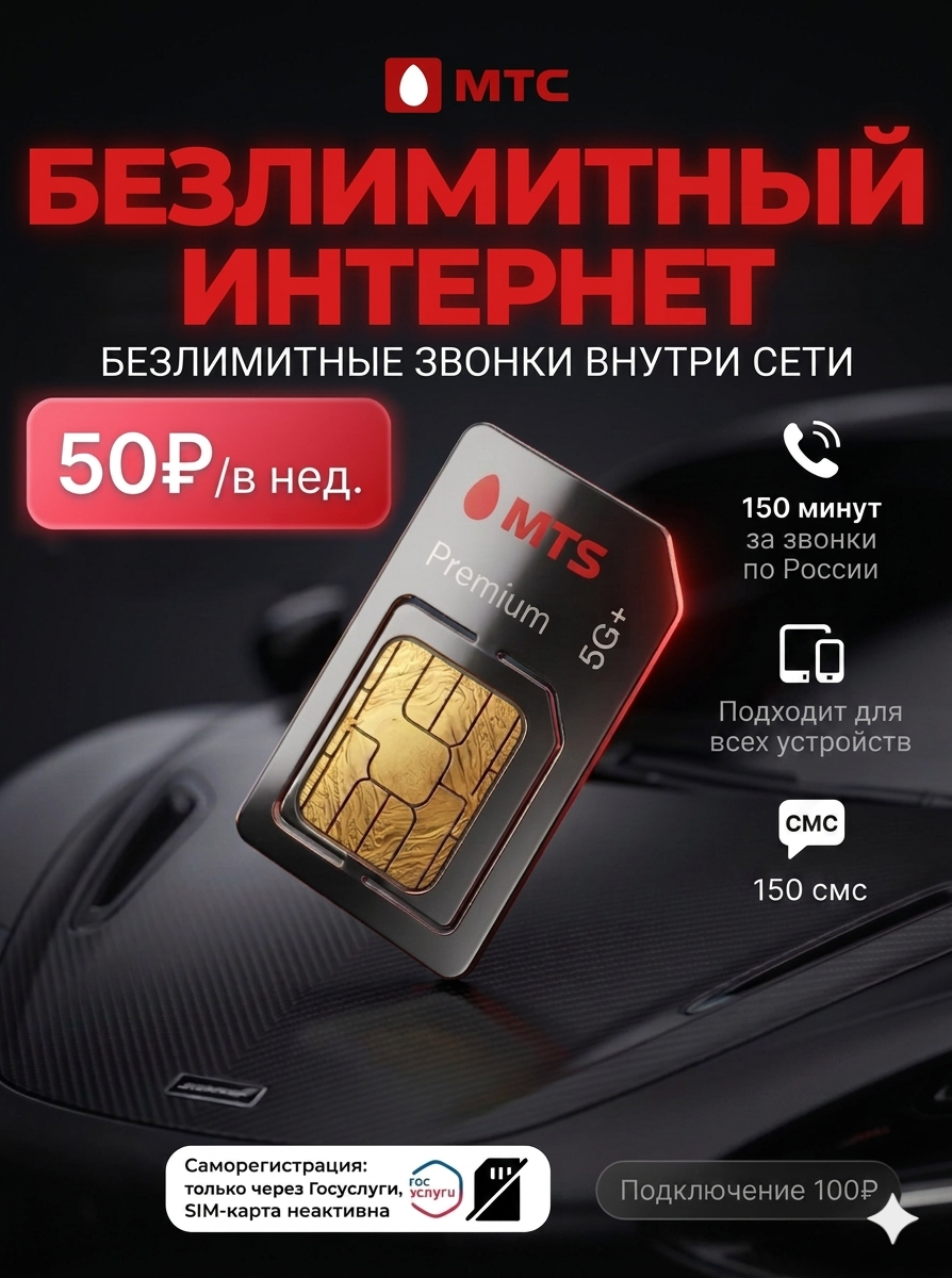 Сим-карта МТС с безлимитным интернетом Тариф "проще" 150 мин, 150 смс за 50 руб/неделю