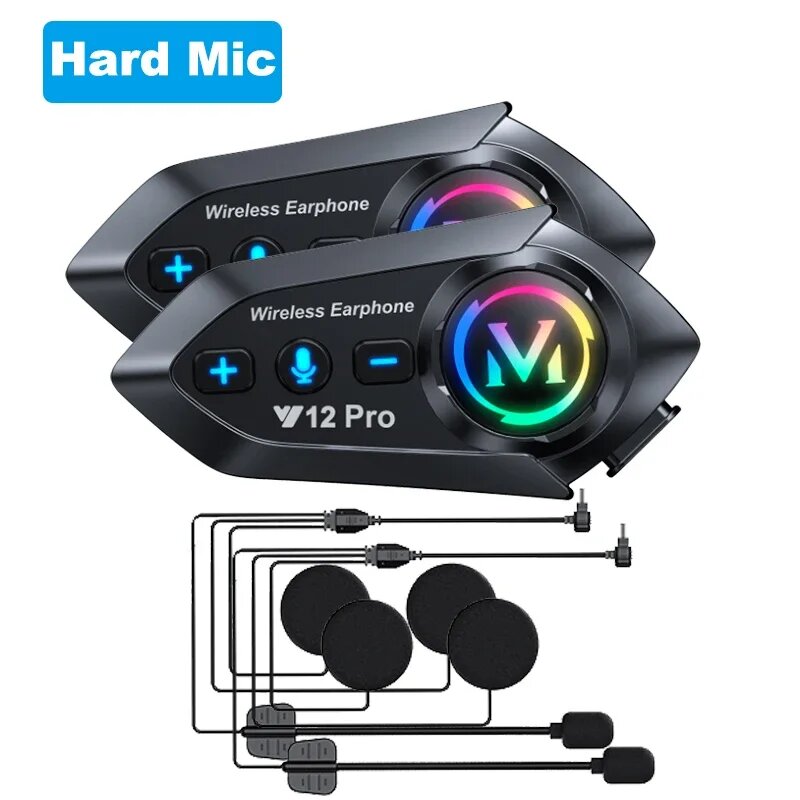 Мотогарнитура Bluetooth Y12 Pro с микрофоном Hard Mic (2 шт)