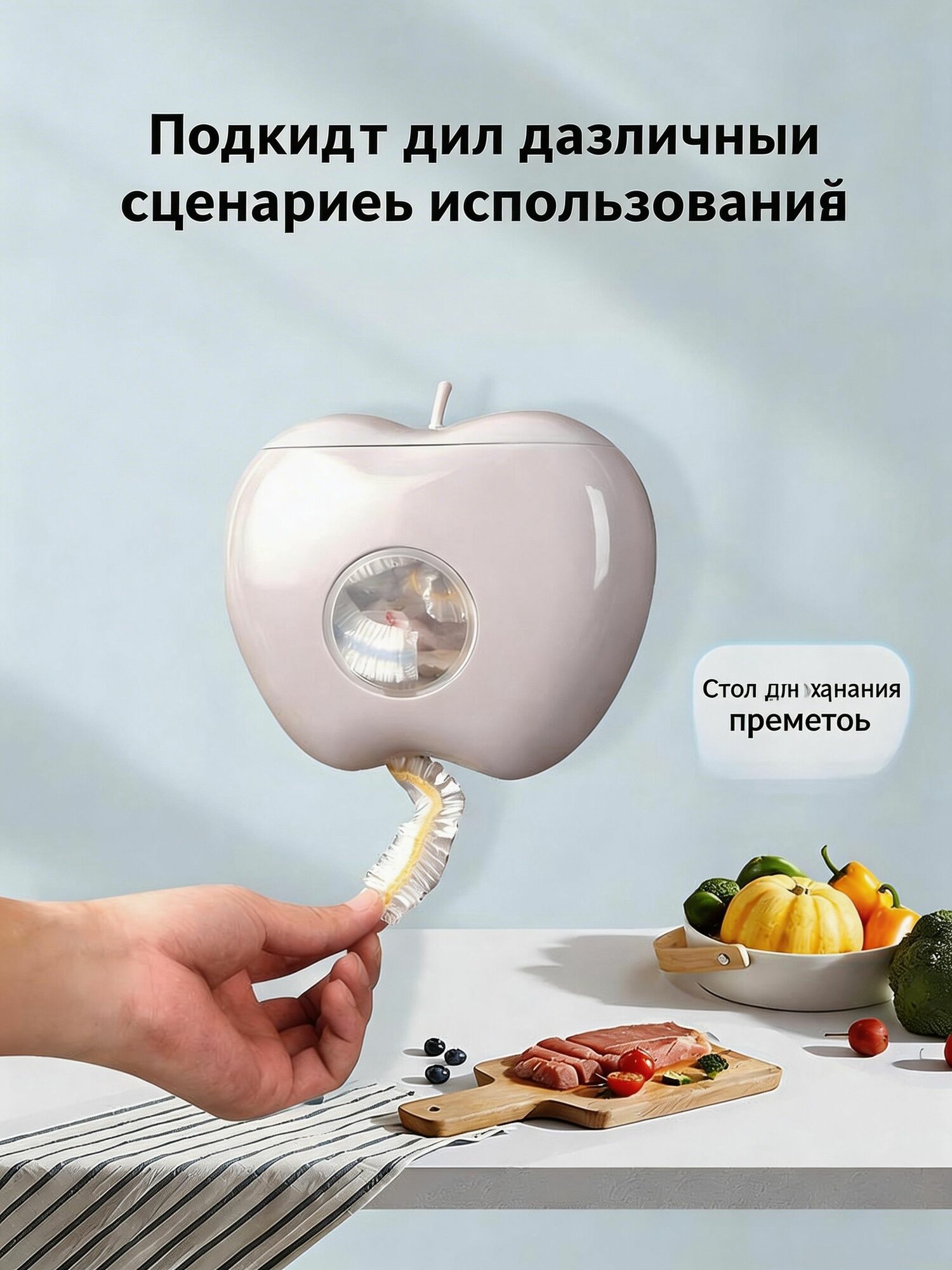 Пластиковый органайзер для пищевой пленки и пакетов. Бесклеевой настенный держатель в форме яблока большой емкости для кухни/ванной, диспенсер для шапочек/пленки.