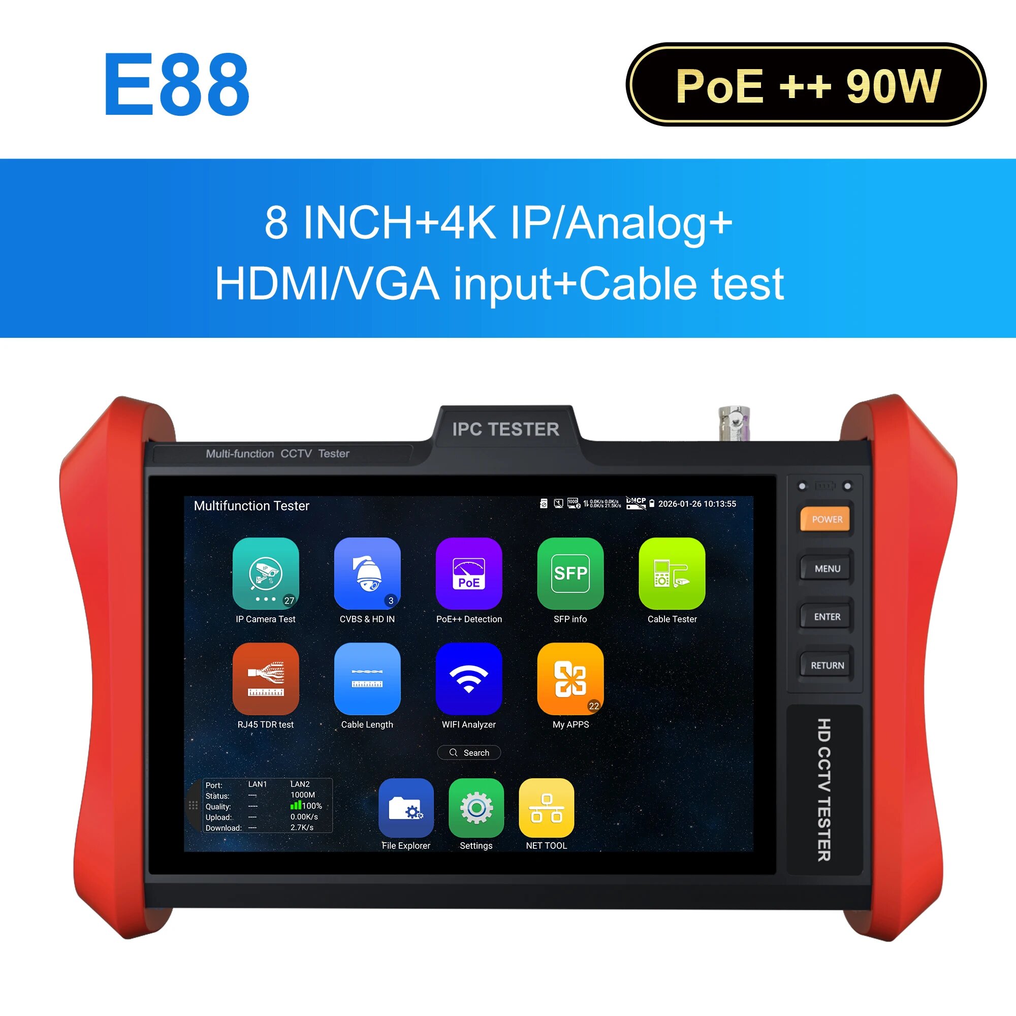Монитор WANGLU 8 дюймов POE++ 90W SFP 4K H.265 IP 8MP AHD/TVI/CVI Инструмент для тестирования камер видеонаблюдения HDMI VGA вход Тестер кабелей E88/E89/E90