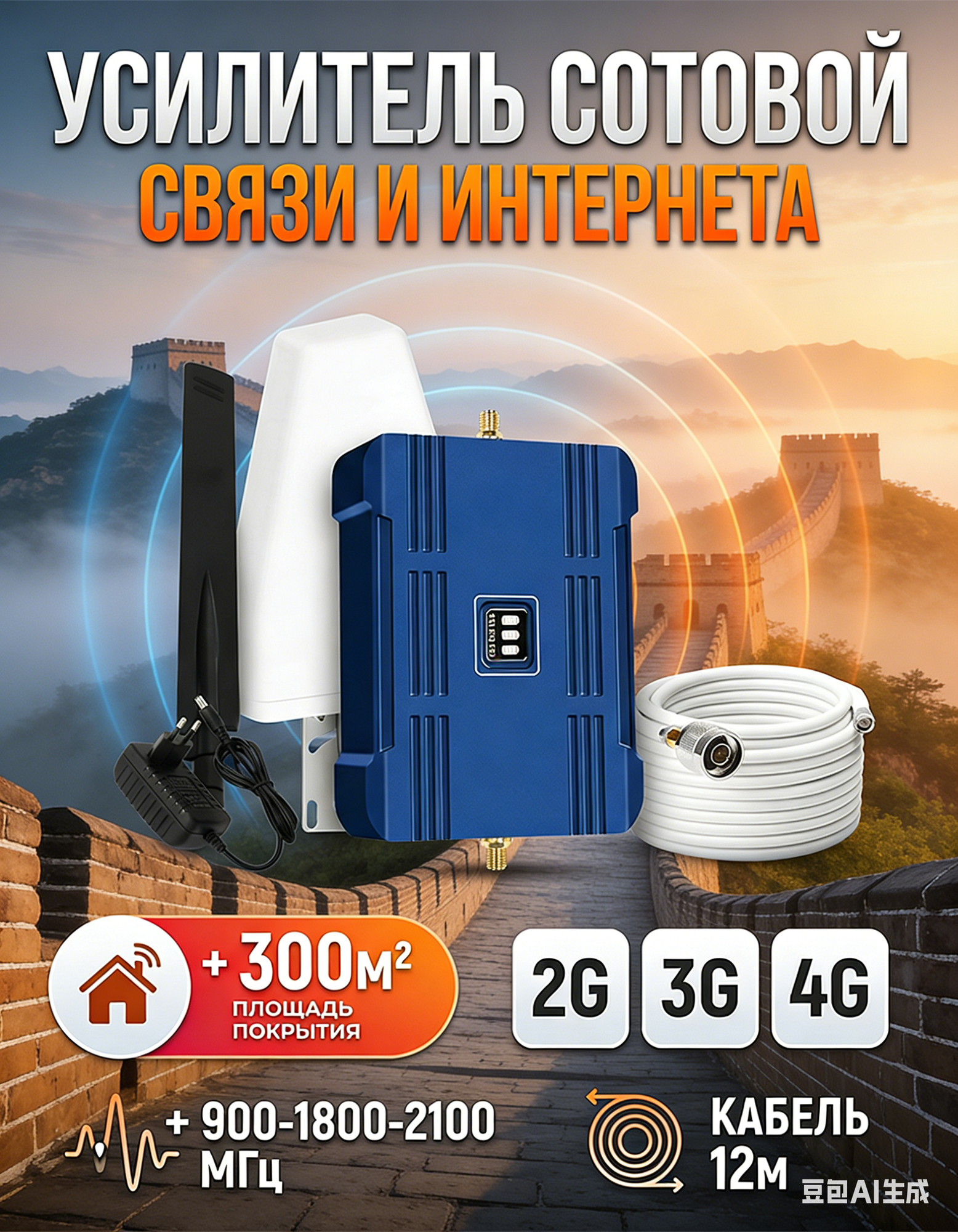 Усилитель сотовой связи 900/1800/2100 МГц (2G/3G/4G): до 70 км, направленный, синий, 1.3 кг