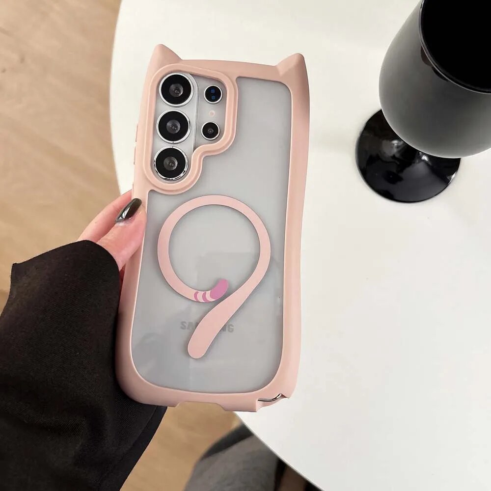 Прозрачный магнитный чехол с 3D-ушками кошки для Samsung Galaxy Галактика С26 Ультра, Розовый, Pink