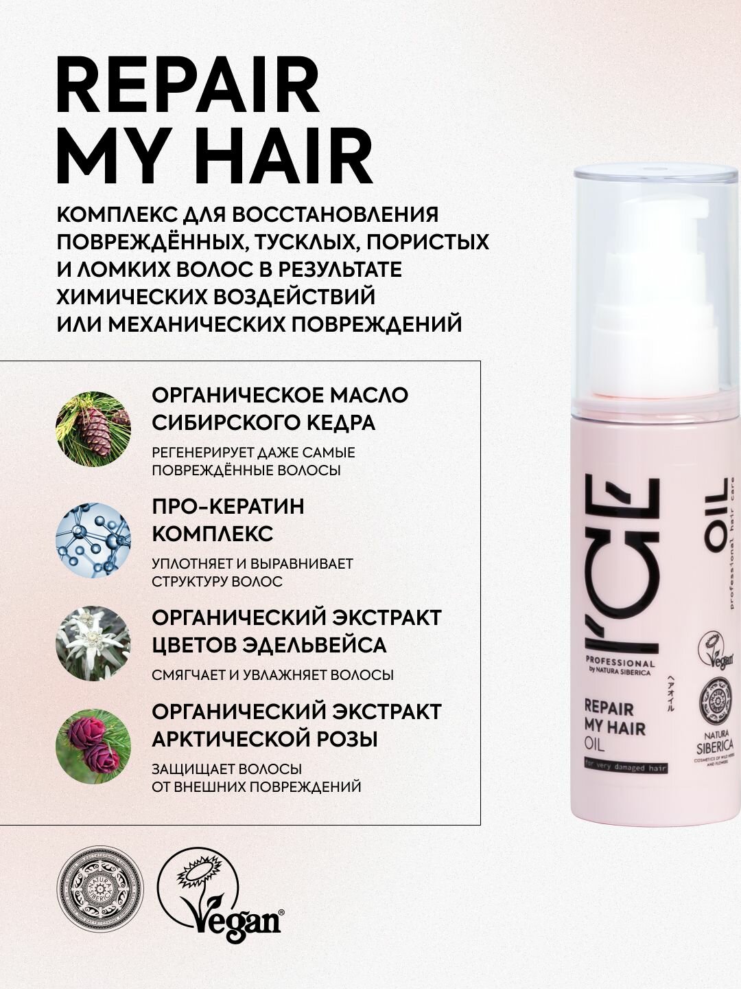 ICE by NATURA SIBERICA Масло профессиональное для восстановления сильно повреждённых волос / REPAIR MY HAIR, 50 мл. Несмываемый уход, термозащита, увлажняет, питает кончики, придает блеск