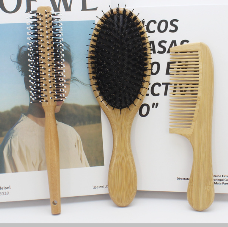 Расчёска массажная "BAMBOO", широкая, бамбуковая, 9.5 x 25.5 см, Массажная расческа + плоская расческа + вращающаяся расческа из дерева лотоса, 3 шт.