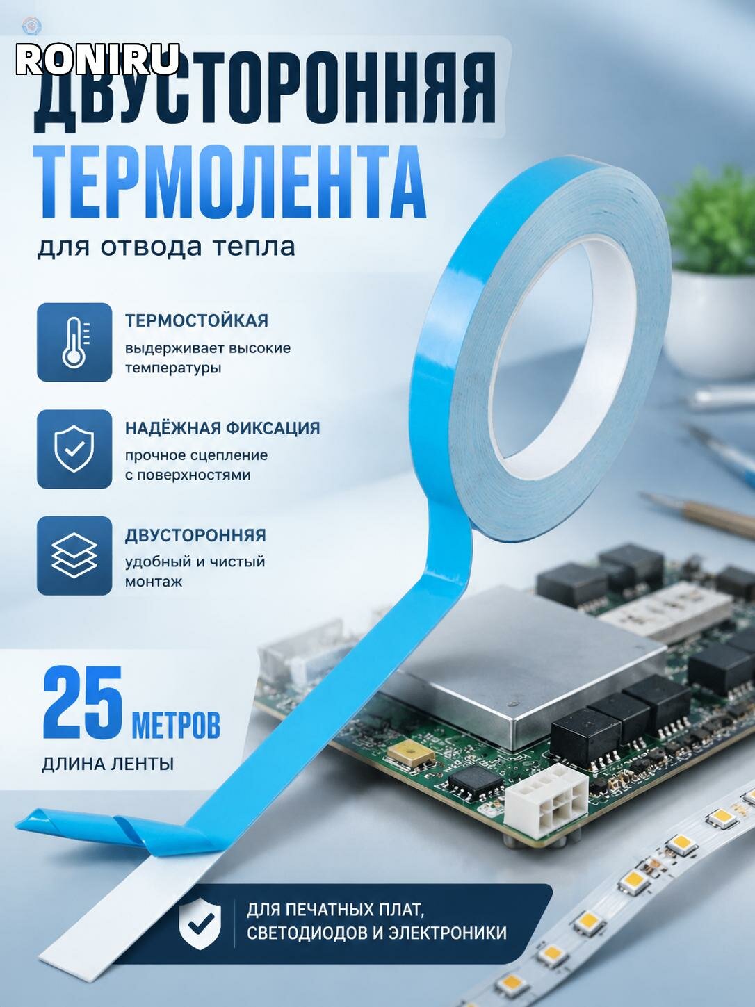 Двусторонняя термолента для отвода тепла, клейкая термостойкая изоляционная лента 25 м для печатных плат и светодиодов
