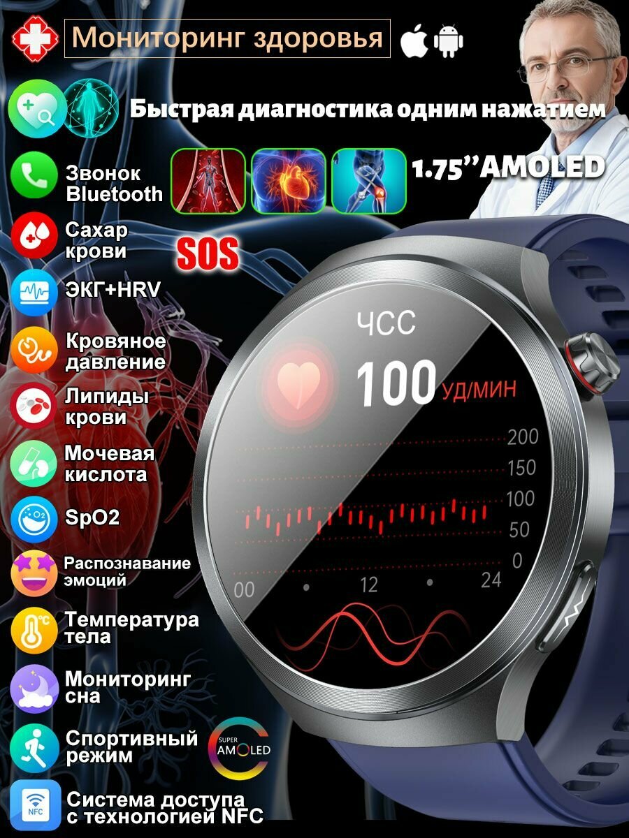 Смарт часы мужские с экг и измерением давления , HRV,500mAh, NFC,1.75'AMOLED, глюкозы и давления, большой экран, для iPhone Huawei Xiaomi