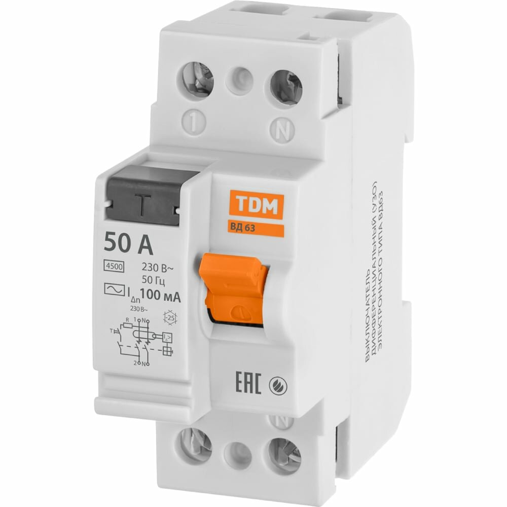 УЗО TDM ELECTRIC ВД63 2Р 50А 100мА (электронное) SQ0220-0021