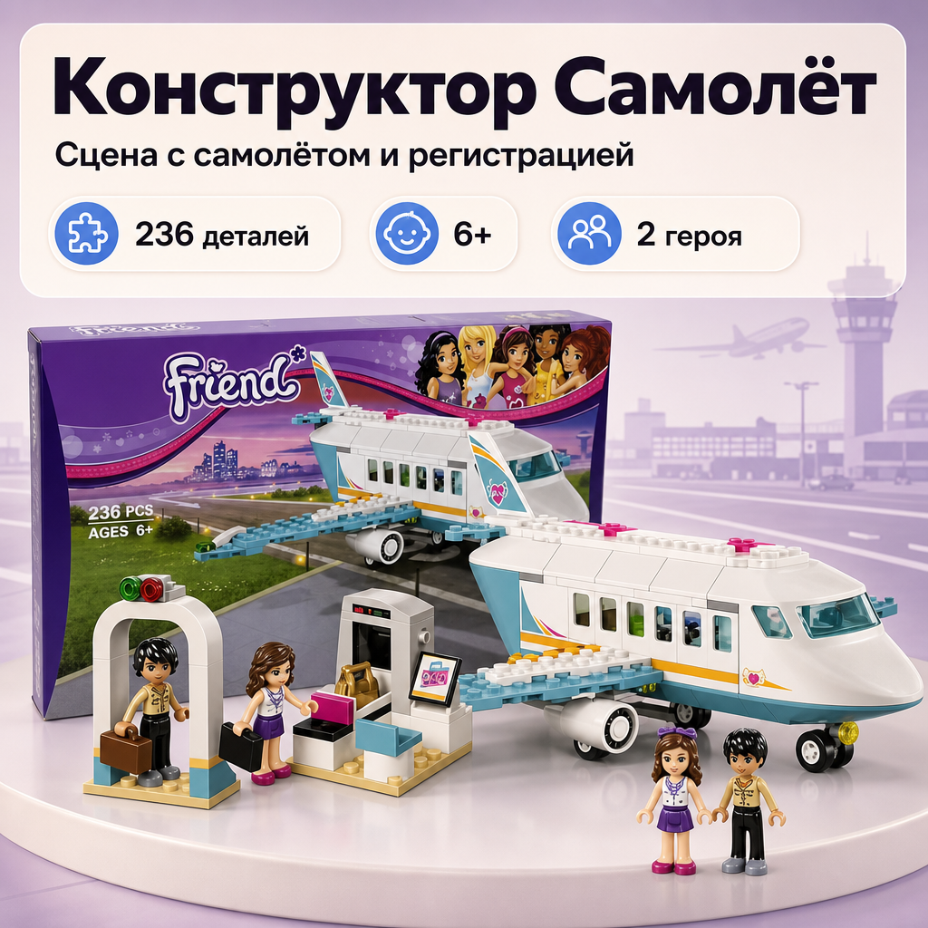 Конструктор самолёт, сцена с самолётом и регистрацией, подарок для детей и взрослых
