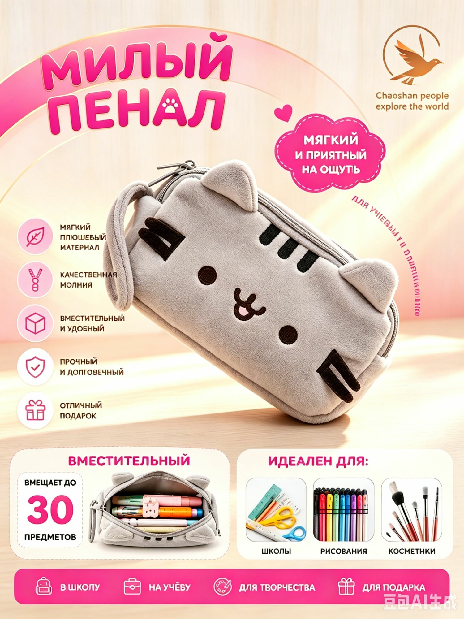 Пенал школьный для девочек /Pusheen the Cat" (Кот Пушин)