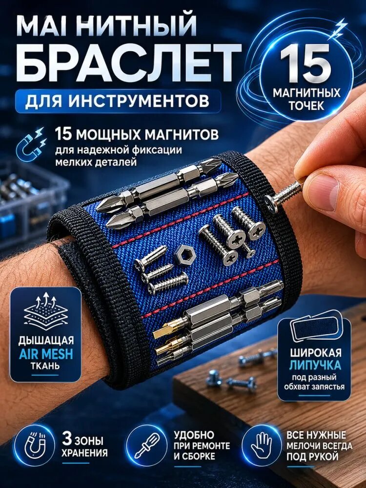 Браслет магнитный строительный для шурупов и гвоздей, держатель на руку с сильным магнитом, для ремонта и мастерской
