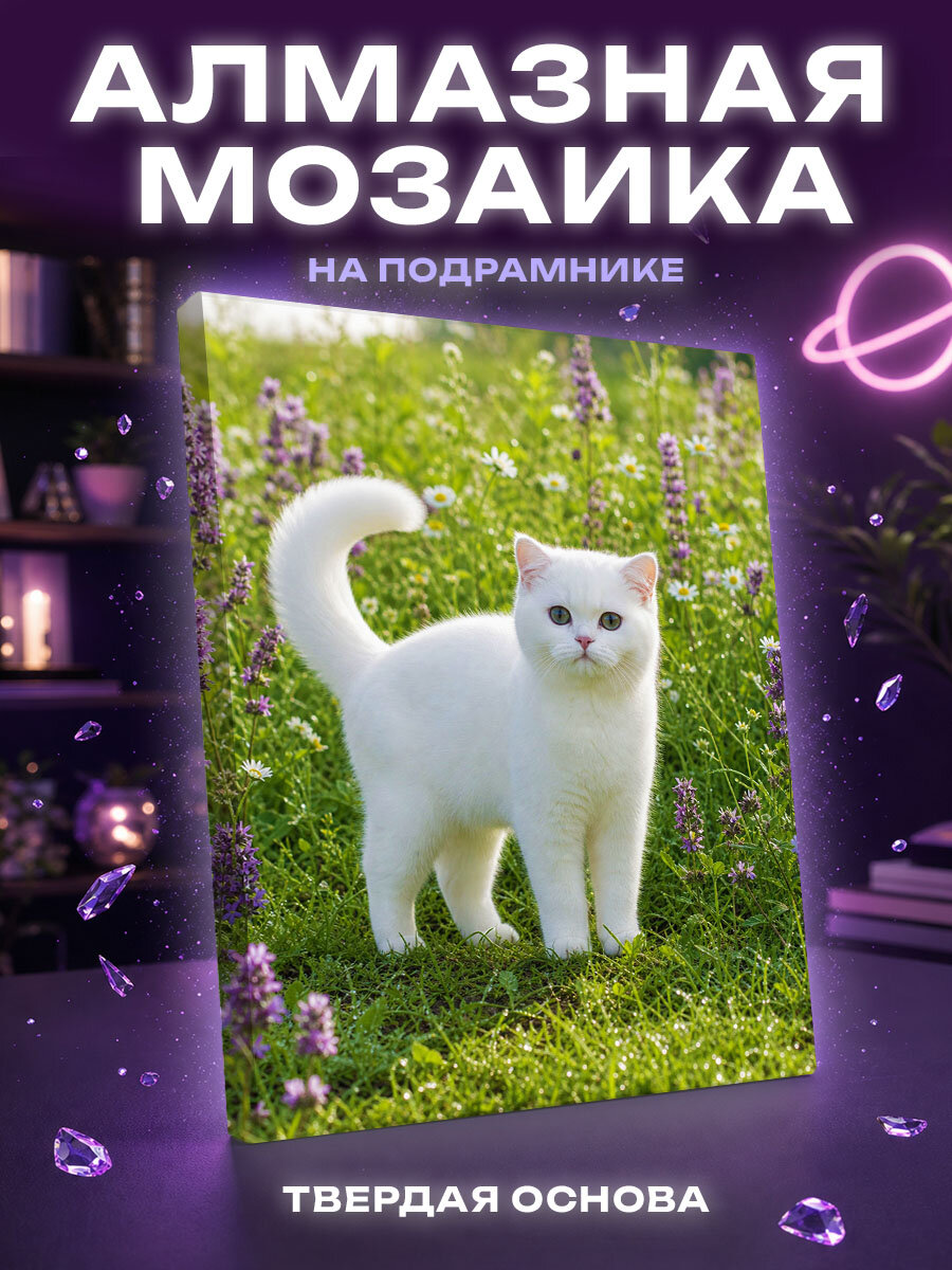 Алмазная мозаика Британский котенок среди ромашек