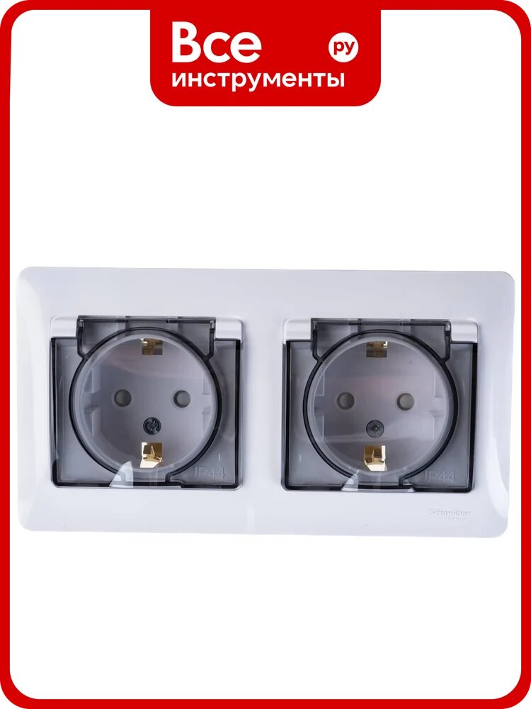 Двухместная скрытая розетка Systeme Electric Glossa 16А с заземлением и защитными шторками, IP44, белая, в комплекте,