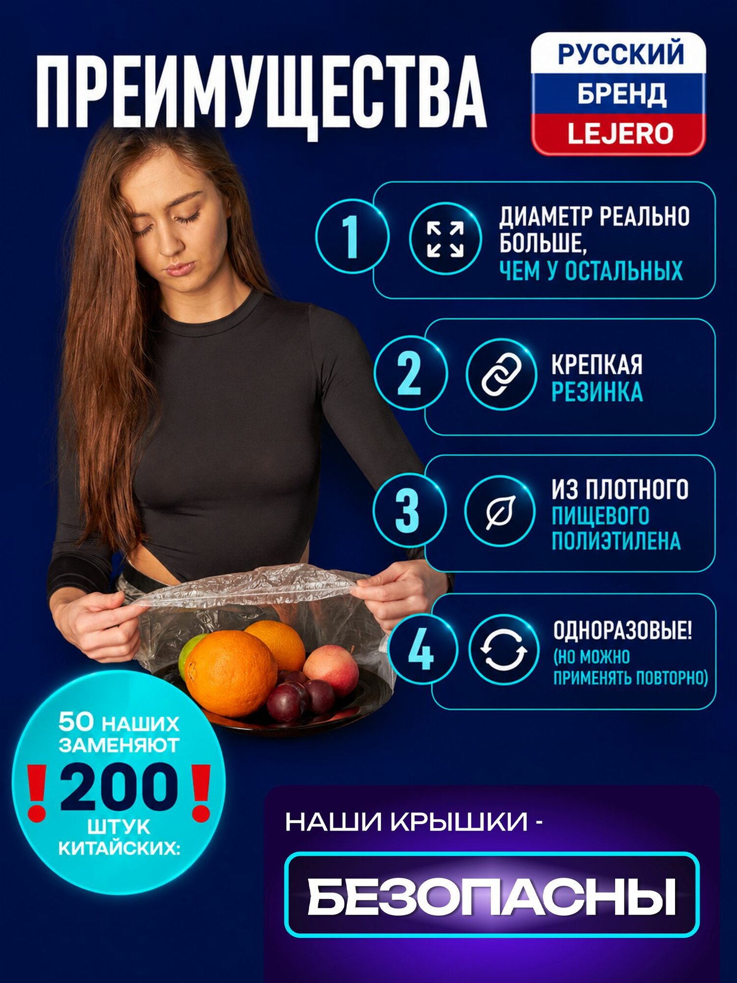Крышки пакеты большие на двойной резинке одноразовые, шапочки для тарелок и посуды, пищевые пакеты на резинке LEJERO, 50