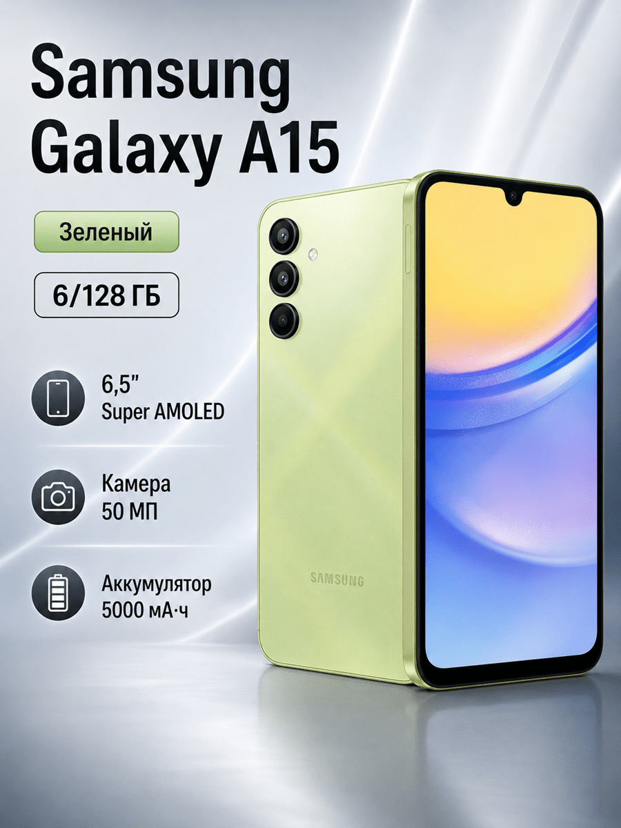 Смартфон Samsung Galaxy A15, 6/128 ГБ, экран Super AMOLED, аккумулятор 5000 мАч, зеленый (A15-A155N)