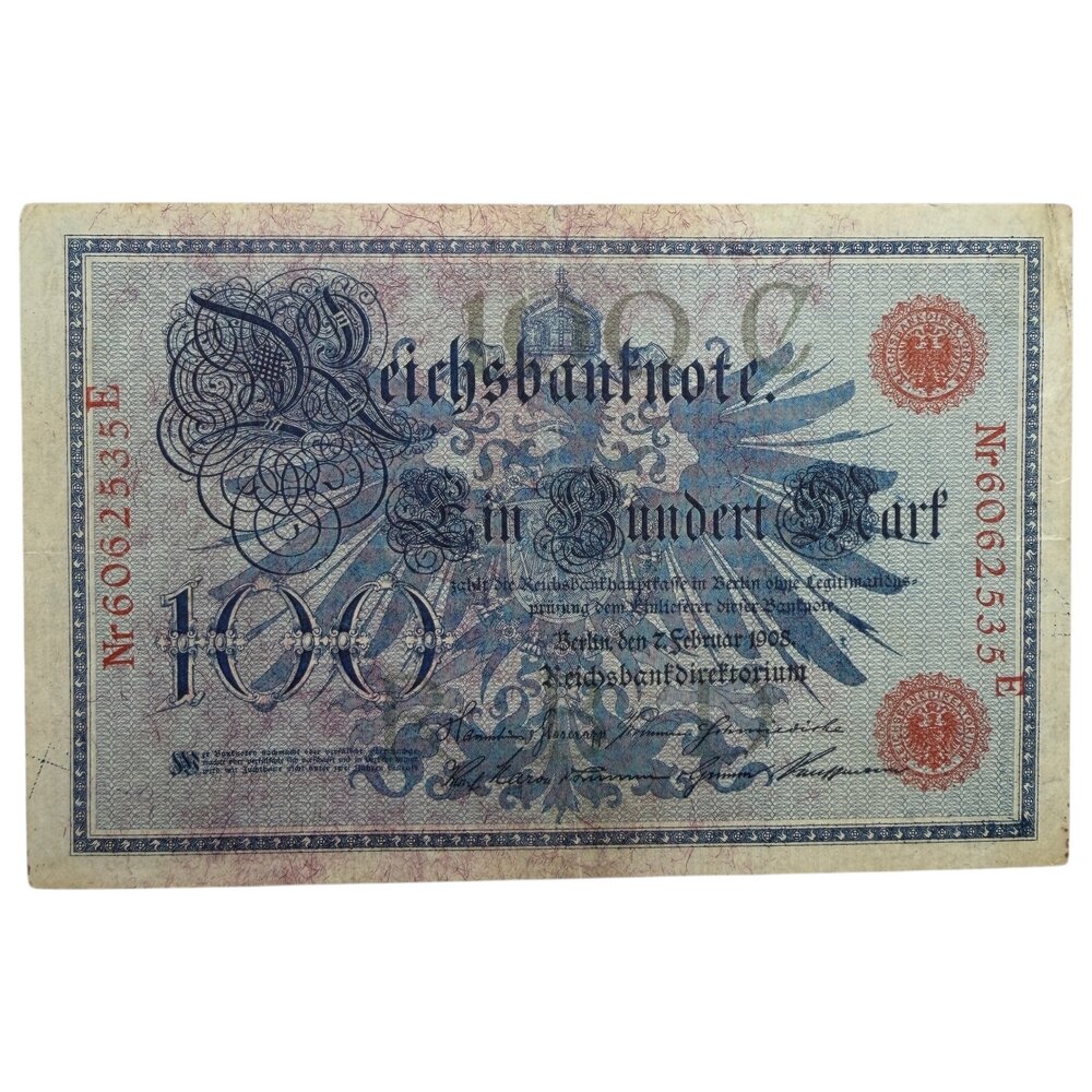 Германская империя (Германия) 100 марок 1908 г. (Красные печати) (Литера C) (Серия E) (29 мм.)