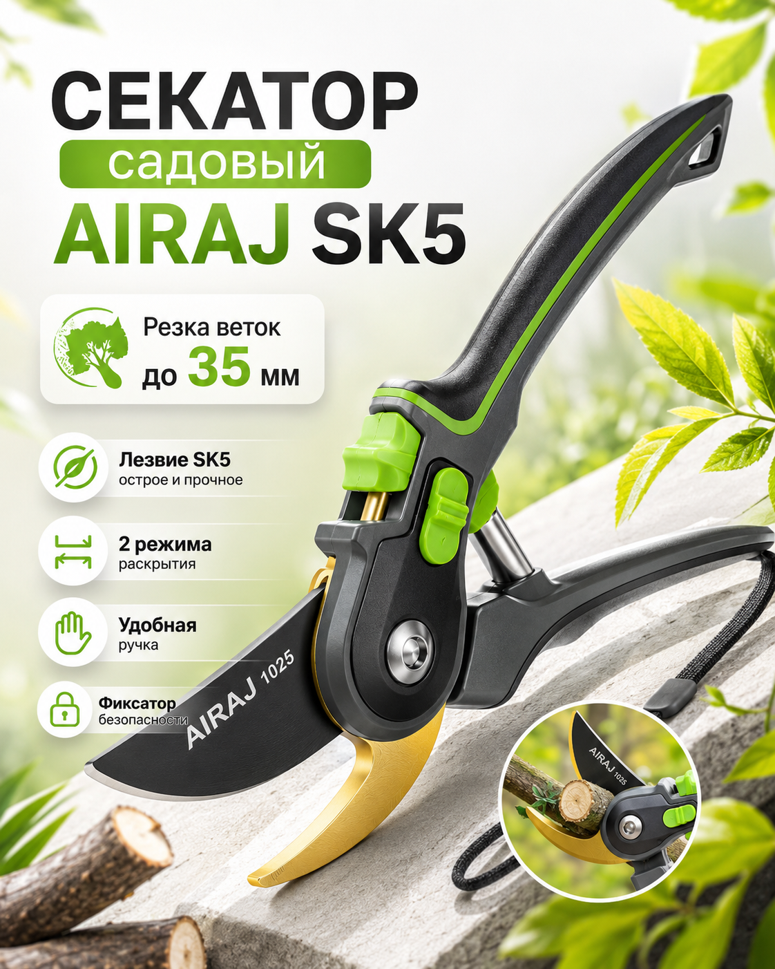 Секатор садовый AIRAJ 1024 SK5, обрезка веток до 35 мм, регулируемый захват, стальное лезвие, фиксатор