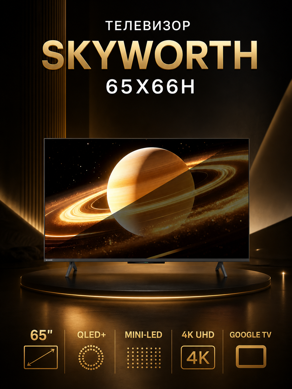 Телевизор Skyworth 65" 65X66H, QLED+, 4K Ultra HD, Google TV, черный