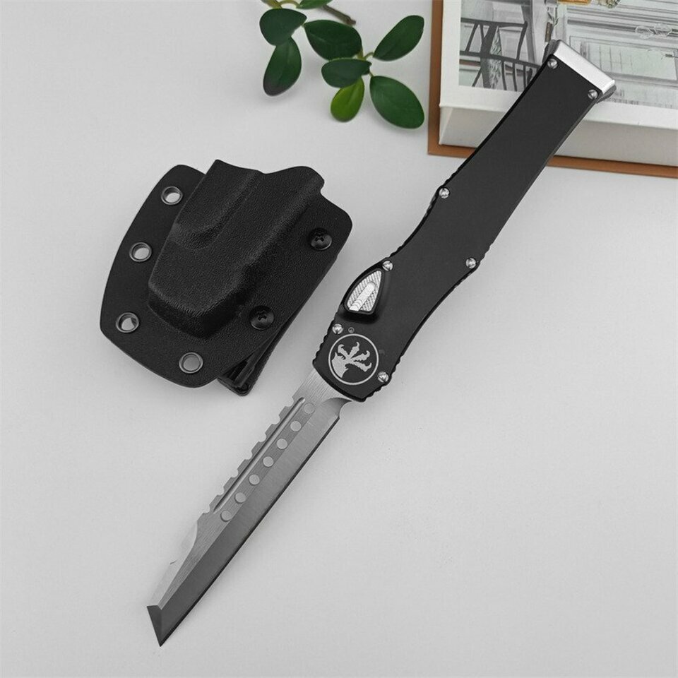 Автоматический нож Microtech Halo VI Tanto OTF, лезвие 4,4 дюйма, обработанное стоунвошем, сталь D2, алюминиевый сплав, для активного отдыха, выживания, охоты и кемпинга.