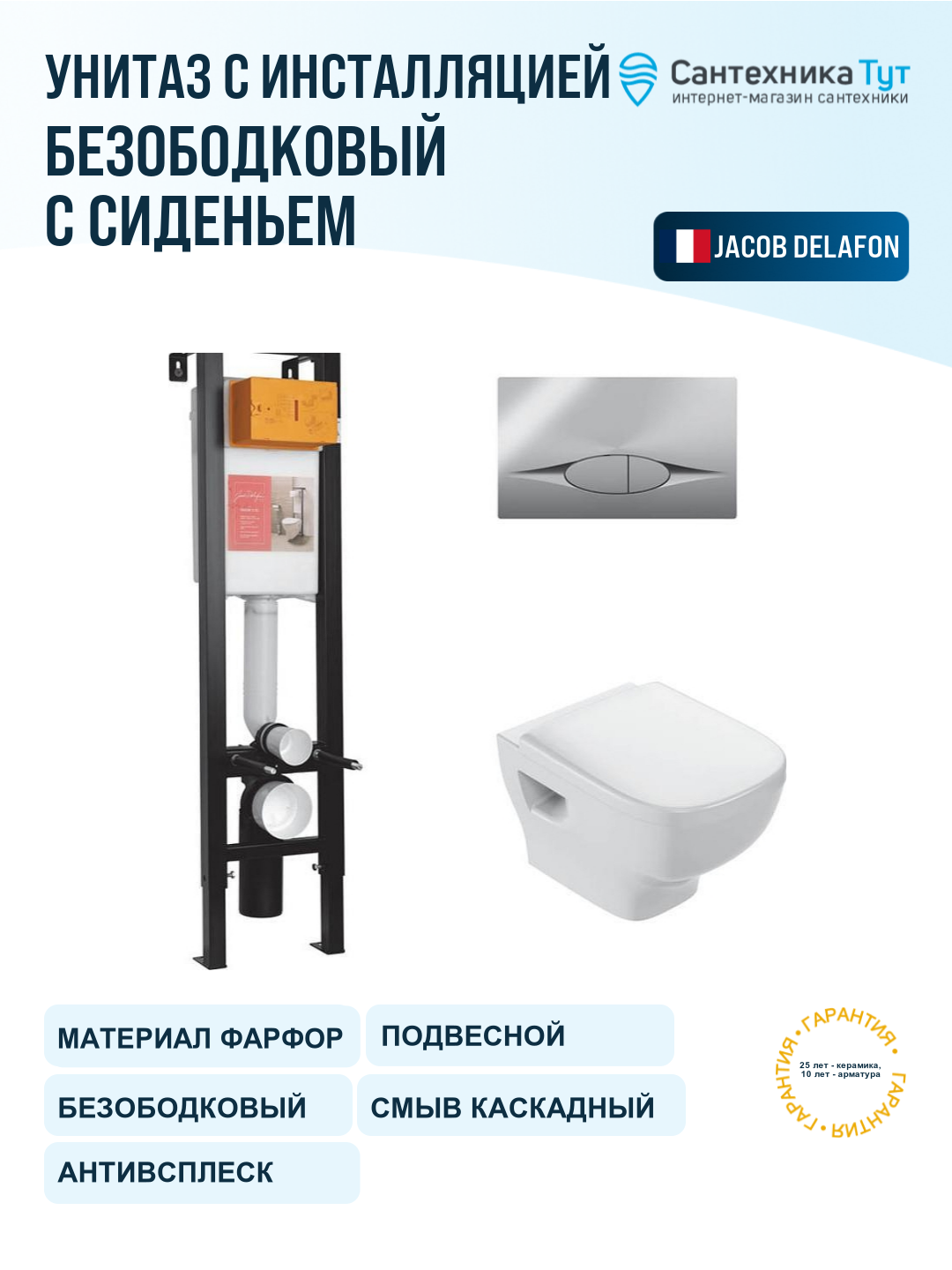 Инсталляция с унитазом комплект Jacob Delafon Struktura E21754RU-00 белый, с сиденьем микролифт и кнопкой смыва хром
