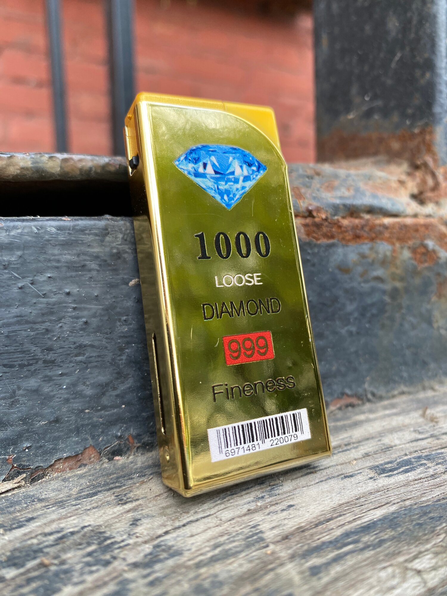 Зажигалка газовая турбо Слиток Diamond Blue без газа, золотая, металлическая