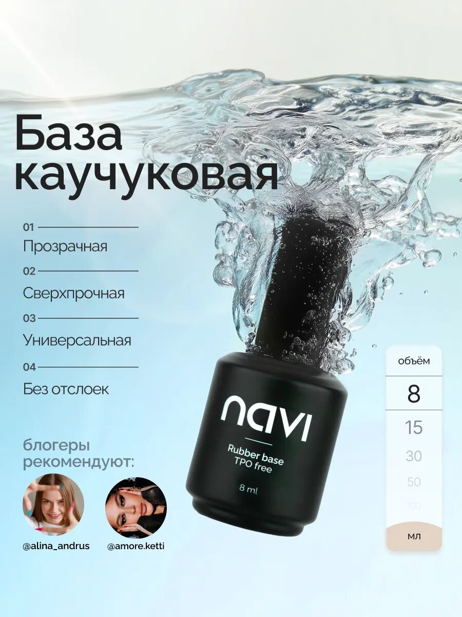 Прозрачная универсальная каучуковая база для ногтей NAVI, 8 мл