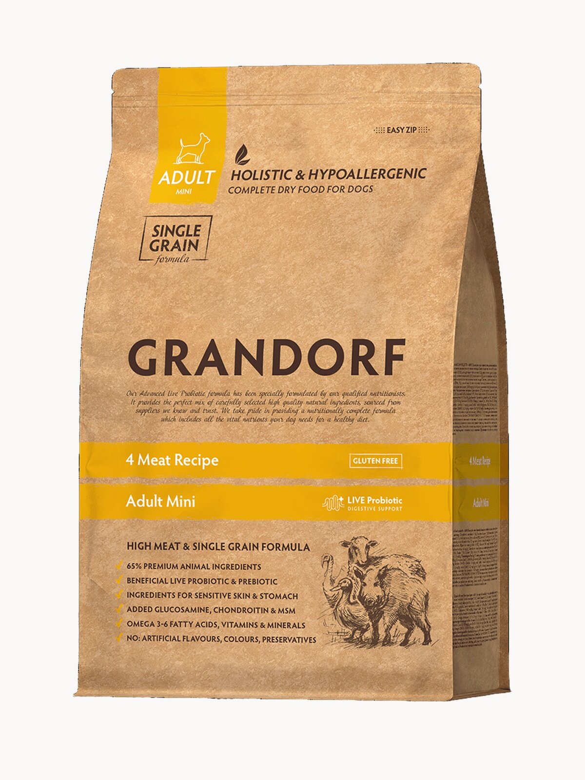 Корм сухой GRANDORF 4 Мяса для собак мини пород от 1 года 8кг. С пробиотиками, гипоаллергенный.