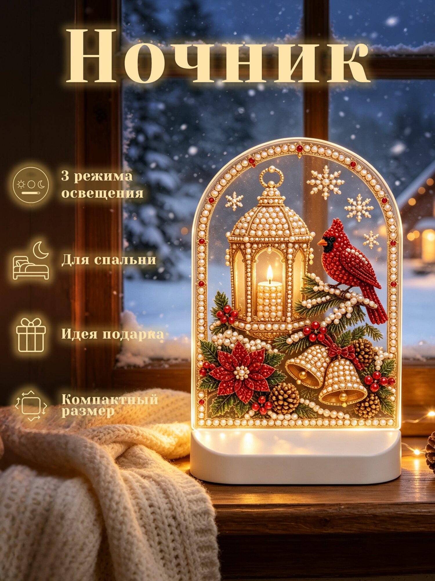 Алмазная вышивка, светодиодный ночник, подарки на Новый год и Рождество