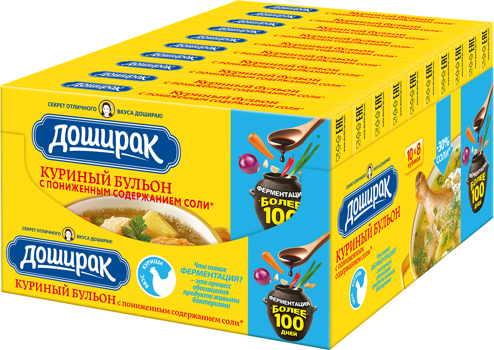 Бульон Доширак Куриный кубик, картонная коробка, 10 г, 8 шт/уп, 10 уп в коробке