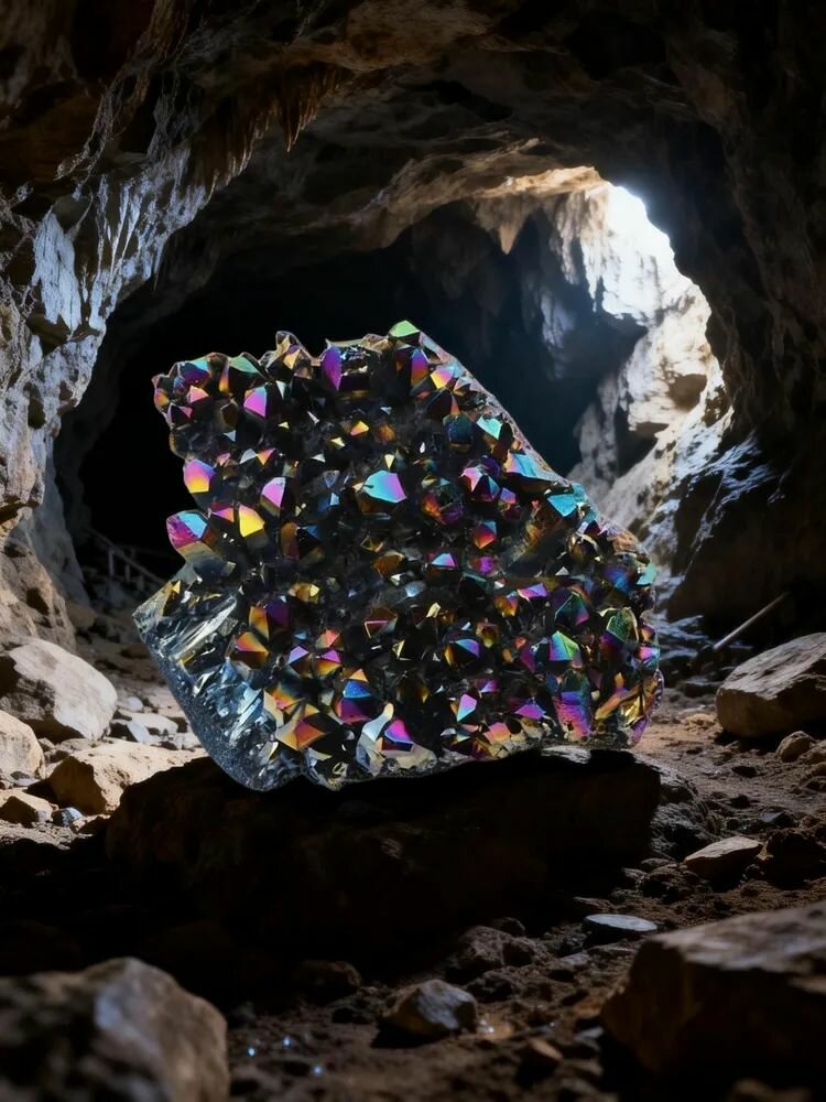 Натуральный необработанный титановый кварц: радужный кластер (друза) для декора и коллекции