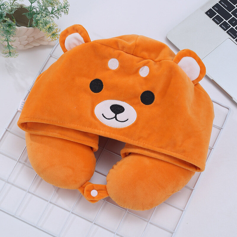 Мультяшная U-образная подушка, шляпа с капюшоном, хлопковая подушка для шеи, ортопедическая подушка, подушка для обеденного перерыва, подушка для путешествий на самолете, милая подушка для шеи