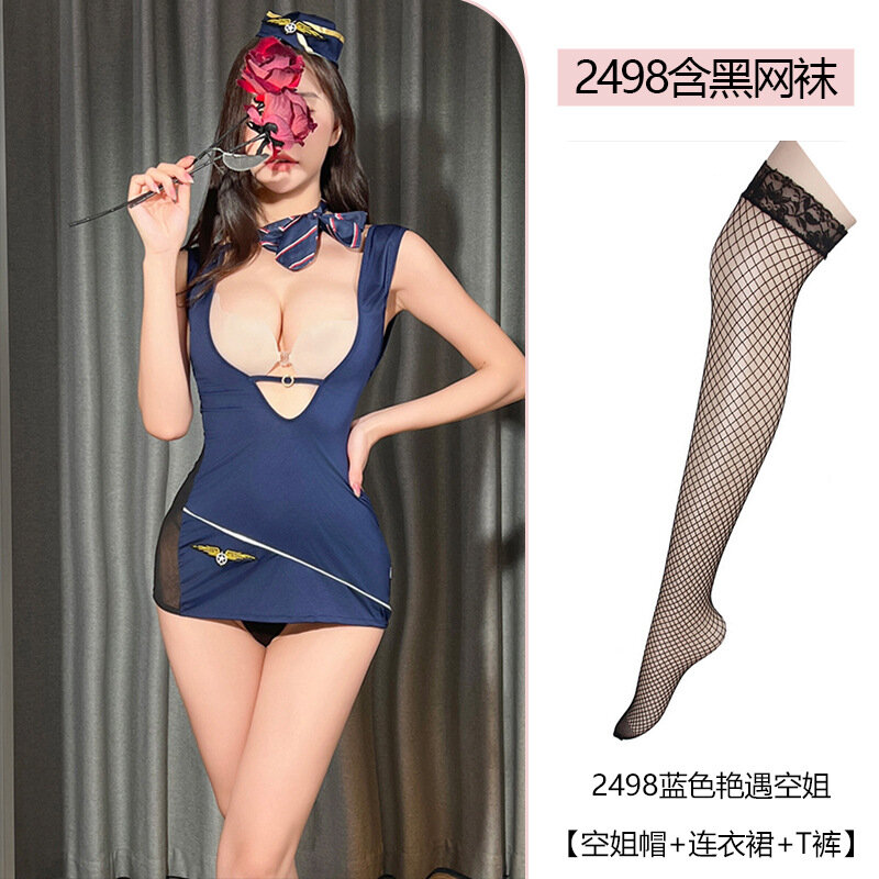 Сексуальный и соблазнительный стиль, откровенное декольте, соблазнительная форма стюардессы, манящее нижнее белье, женская одежда для сна, страсть, не требует снятия, 2498. Синий (шляпа + боди + стринги) включает черные сетчатые чулки.