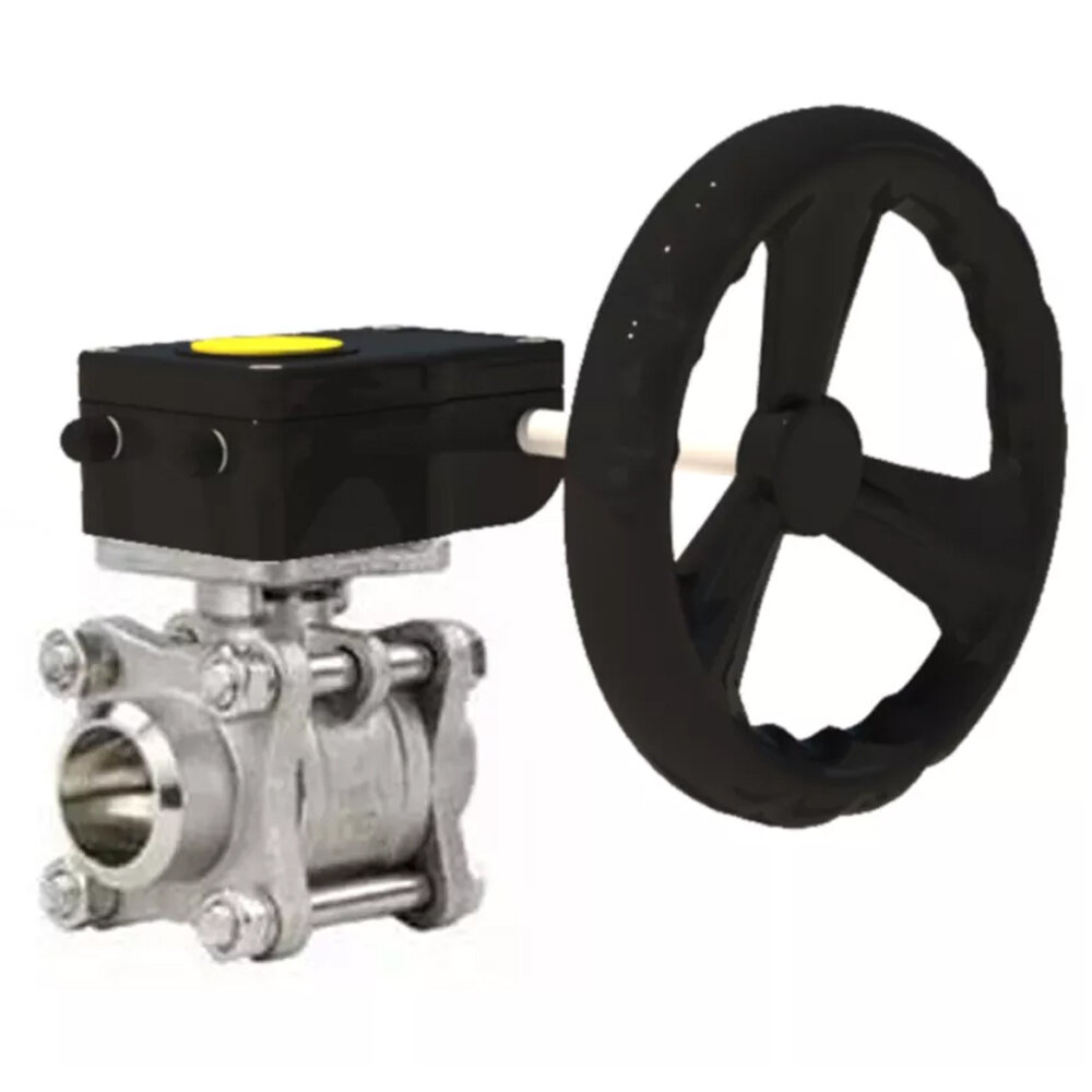 Кран шаровой DN.ru кшпп 316.200-ISO Ду32 Ру63 полнопроходной двухходовой, нержавеющая сталь SS316, под приварку, уплотнение - PTFE, с ISO фланцем и редуктором DN. ru HAM-1