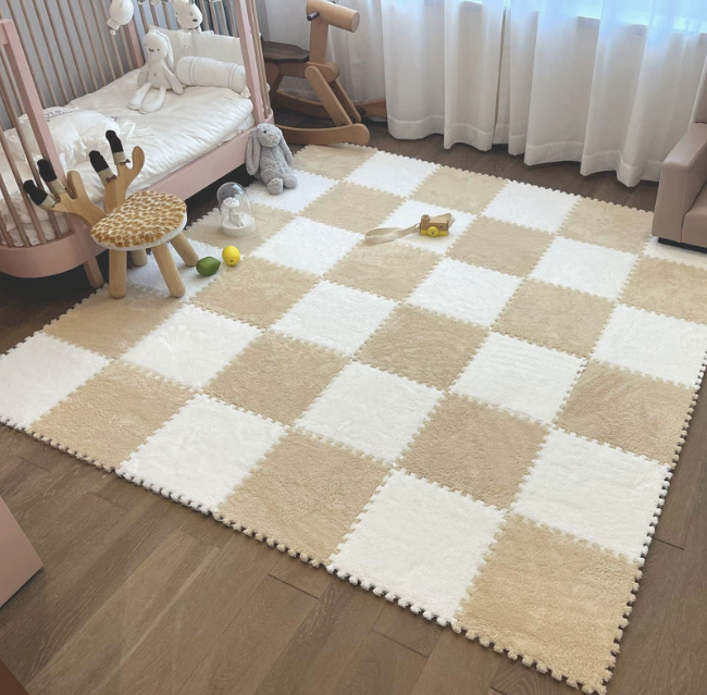 Мягкие коврики-мозаики, плюш, антискользящие, 30см х 30см, 10шт, Белый с верблюжим