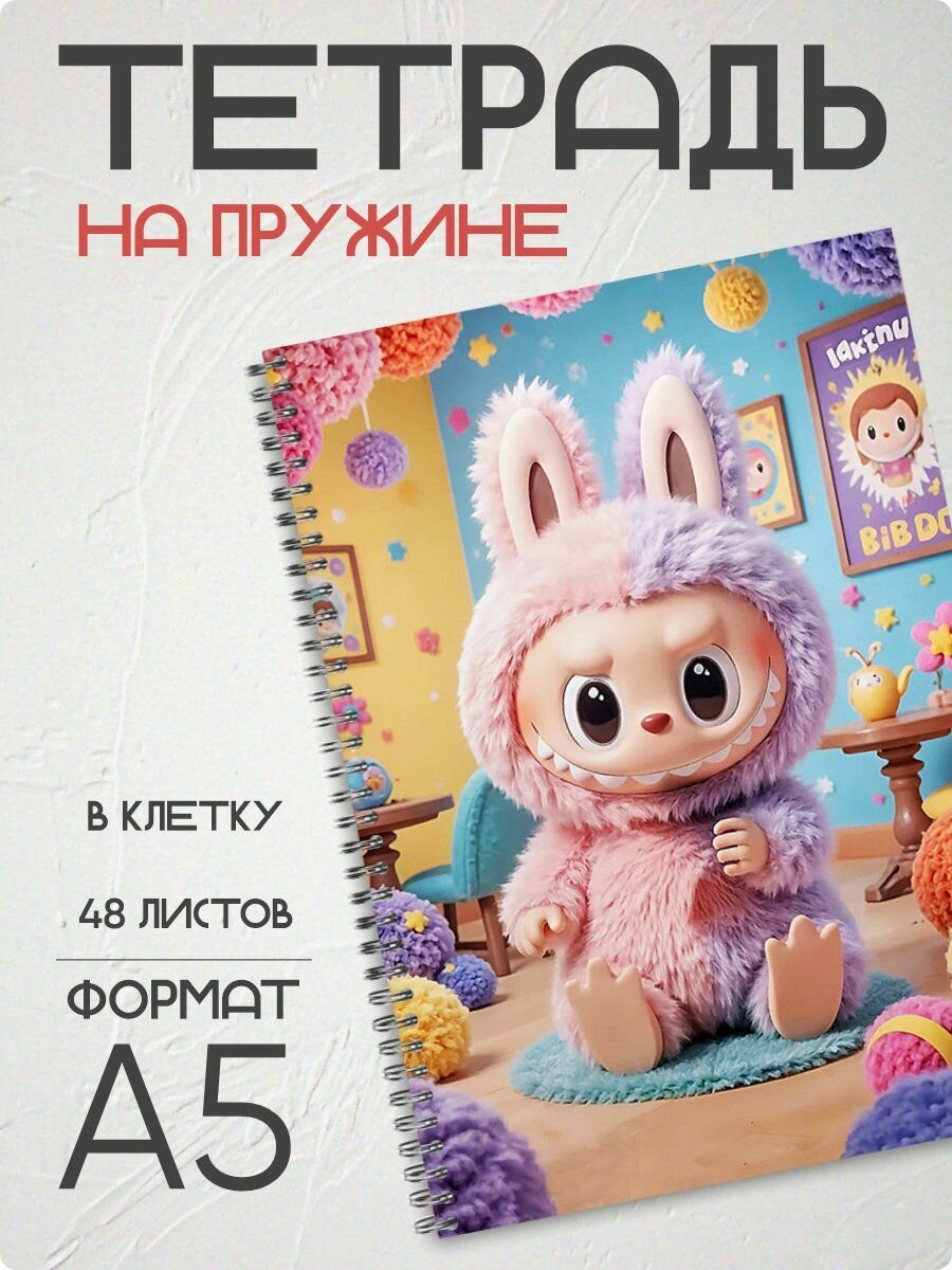 Тетрадь в клетку 48 листов на пружине, блокнот А5 Лабубу Голубой