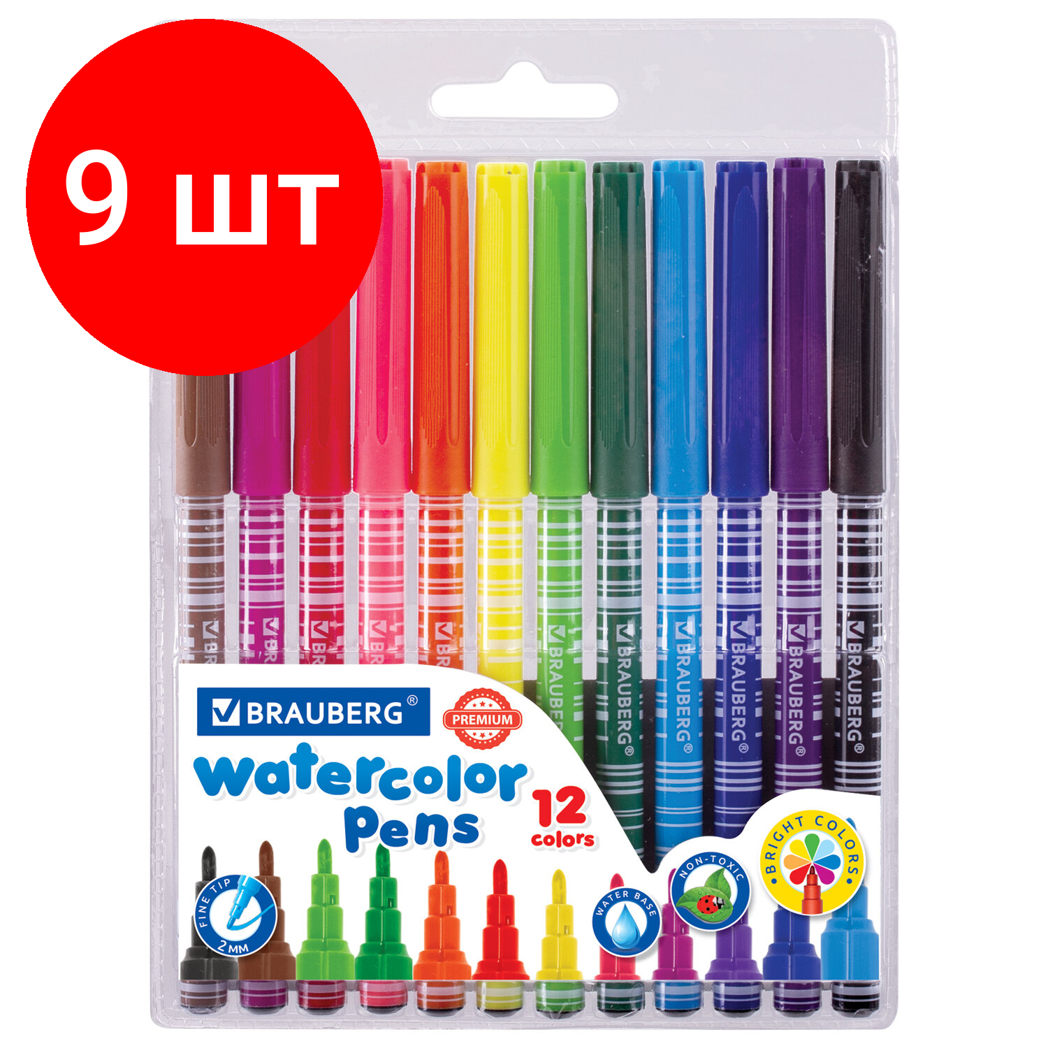 Комплект 9 шт, Фломастеры BRAUBERG "PREMIUM", 12 цветов, корпус С печатью, вентилируемый колпачок, ПВХ-упаковка с европодвесом, 151942