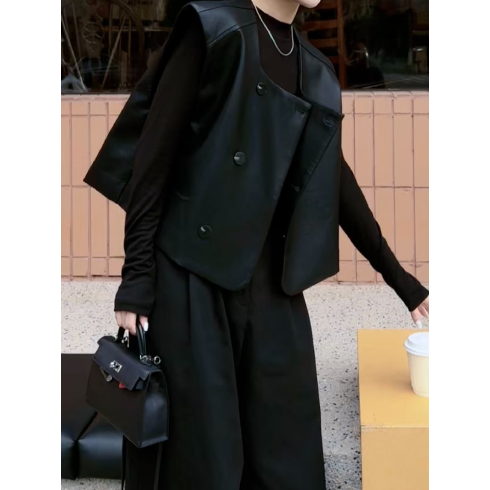 Черный короткий кожаный жилет для женщин, дизайн весна-осень 2025, модный свободный безрукавный многослойный жилет