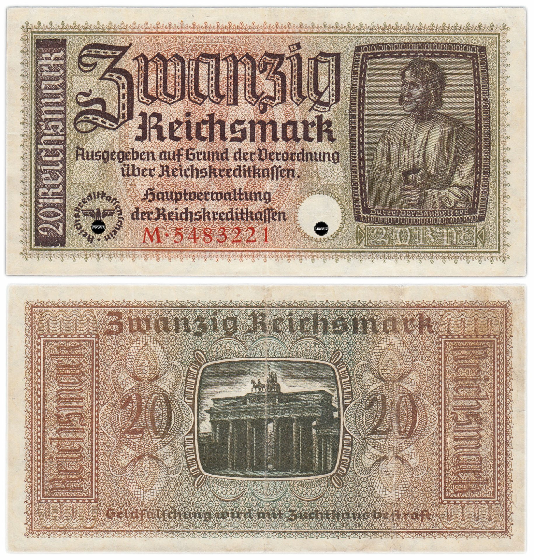 Германия 20 рейхсмарок 1940-1945 Немецкие оккупационные территории