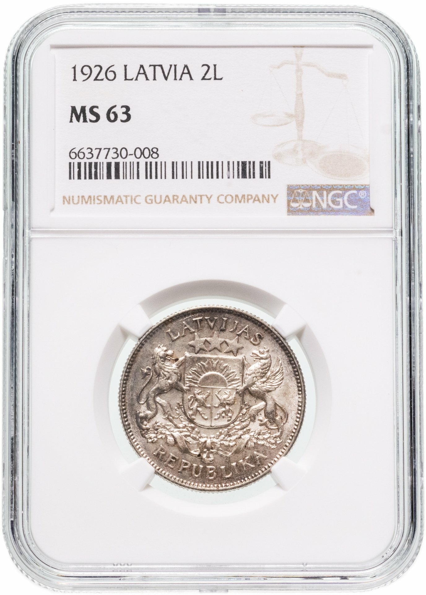 Латвия 2 лати 1926 в слабе NGC MS63, Серебро 835