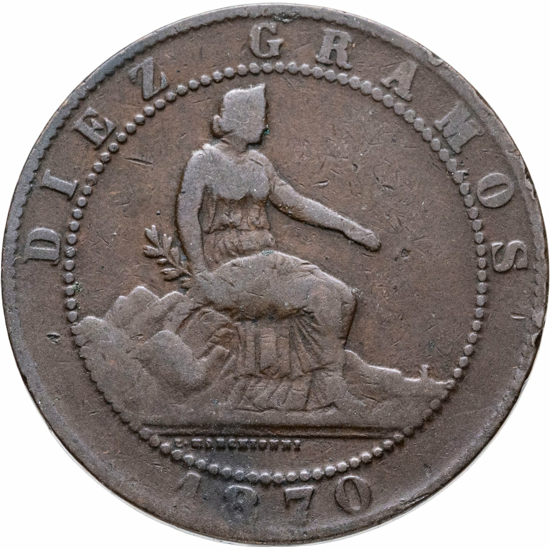 Испания 10 сентимо centimos 1870, Медь, в сохранности F