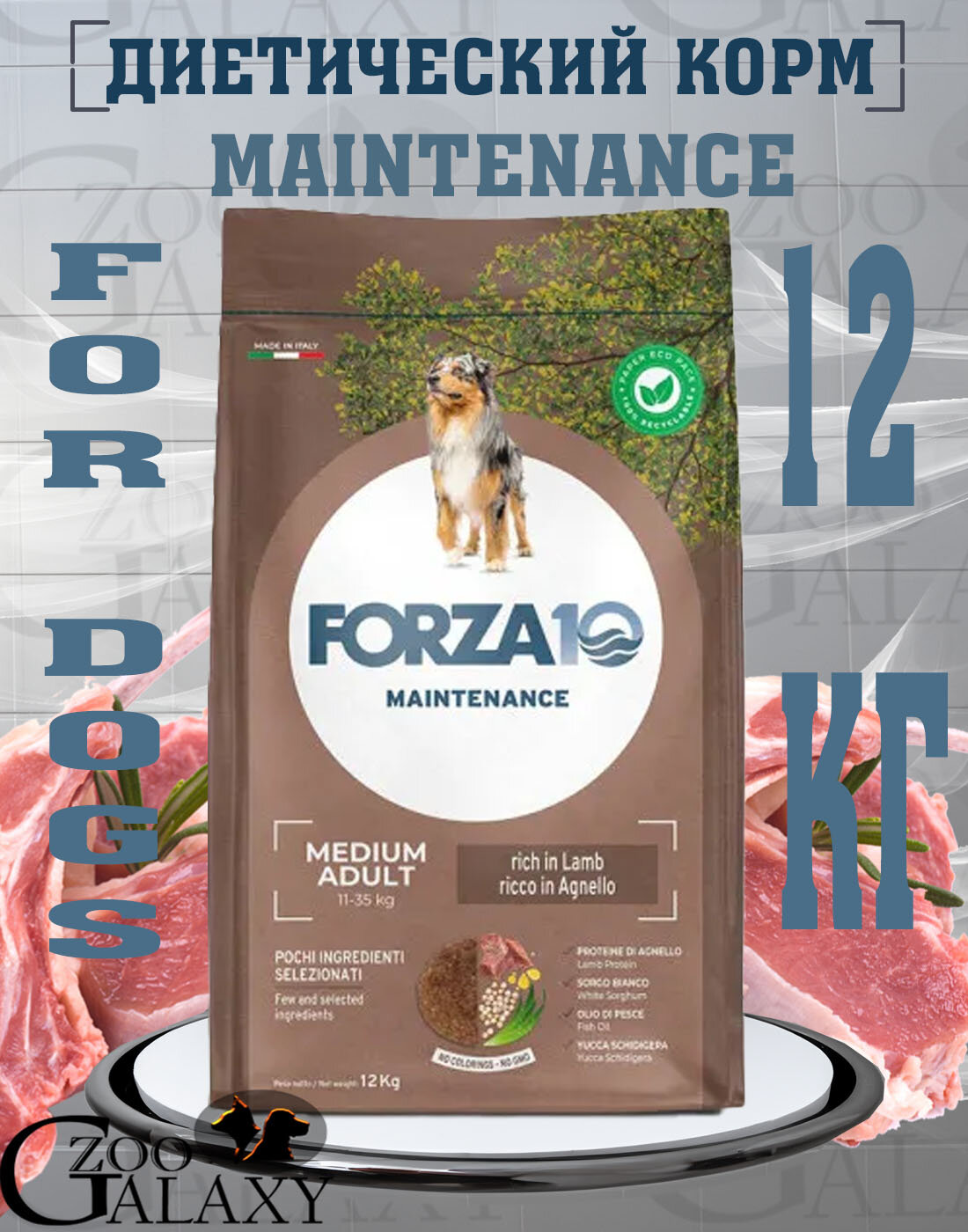 Forza10 Maintenance корм для собак средних пород, ягненок и рис 12 кг