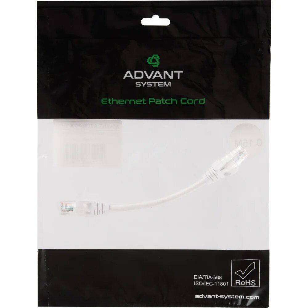 Патч-корд Advant кат. 5е, U/UTP, 4 пары (AWG24), многожильный, оболочка PVC, цвет: белый, длина: 15 см ADV5е-PC0015-PW