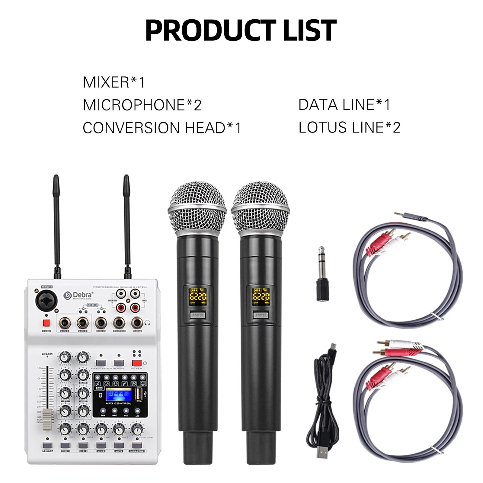 Звуковая карта Debra Audio DJ Консольный микшер с 2-канальным беспроводным микрофоном UHF для домашнего ПК Запись DJ Network Live Karaoke