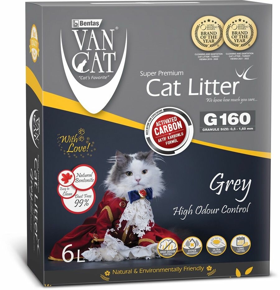 VanCat Наполнитель для туалета кошек Grey, комкующийся, с активированным углем, 6 л, 5.1. кг