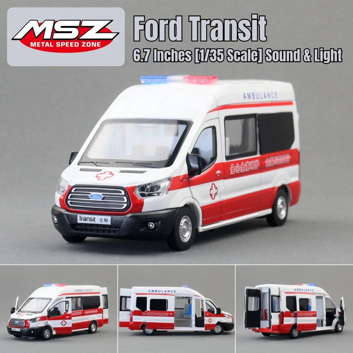 1/35 Ford Transit игрушечный автомобиль скорой помощи для детей, литая под давлением модель автомобиля, миниатюрная коллекция звуков и света с откатным механизмом, подарок для мальчика и ребенка