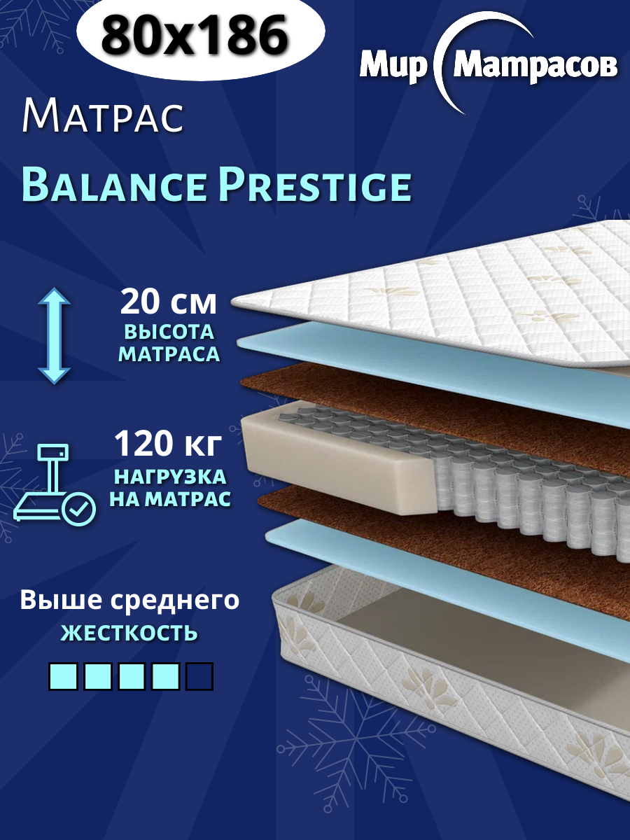 Матрас 80х186х20см Balance Prestige, Мир Матрасов, ортопедический, независимые пружины, жёсткий