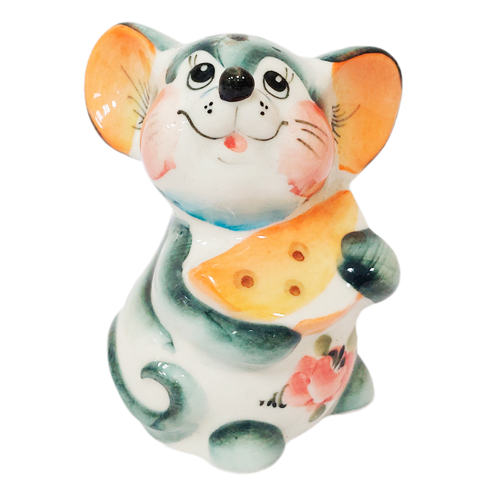 Фарфоровая фигурка ручной работы "Мышь с сыром", цветная гжель